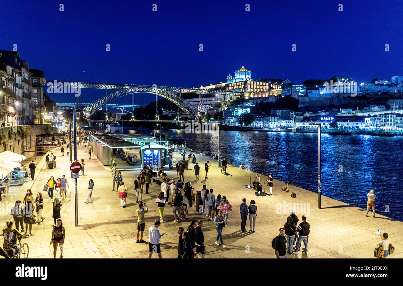 The Maria Pia Bridge and river Douro in Porto at Night Stock Photo - Alamy