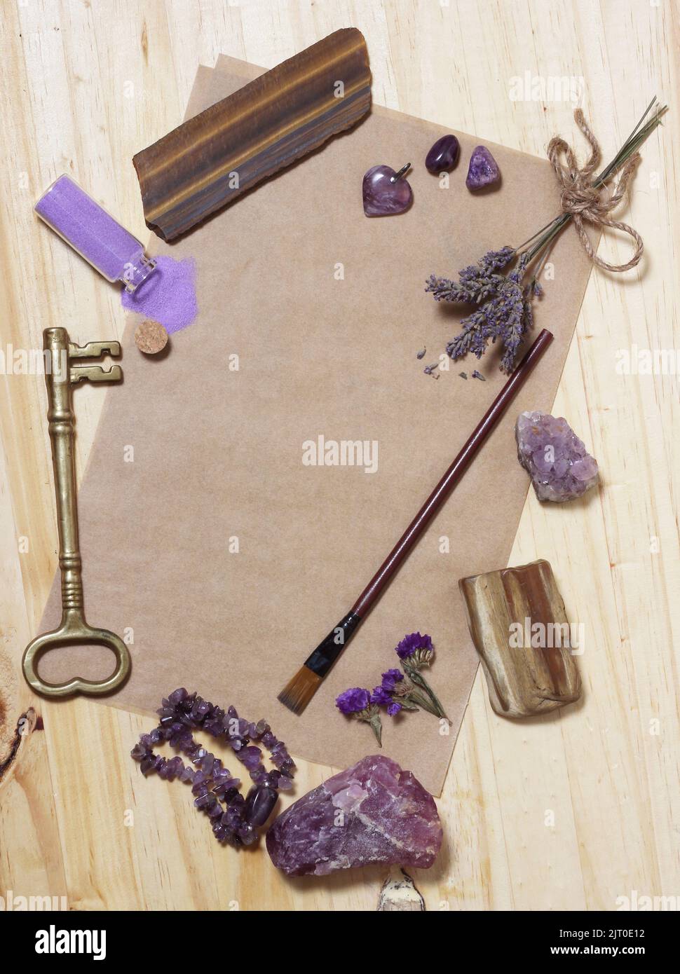 Amethyst Stones With Petrified Wood on Old Paper With Dried Flowers ...