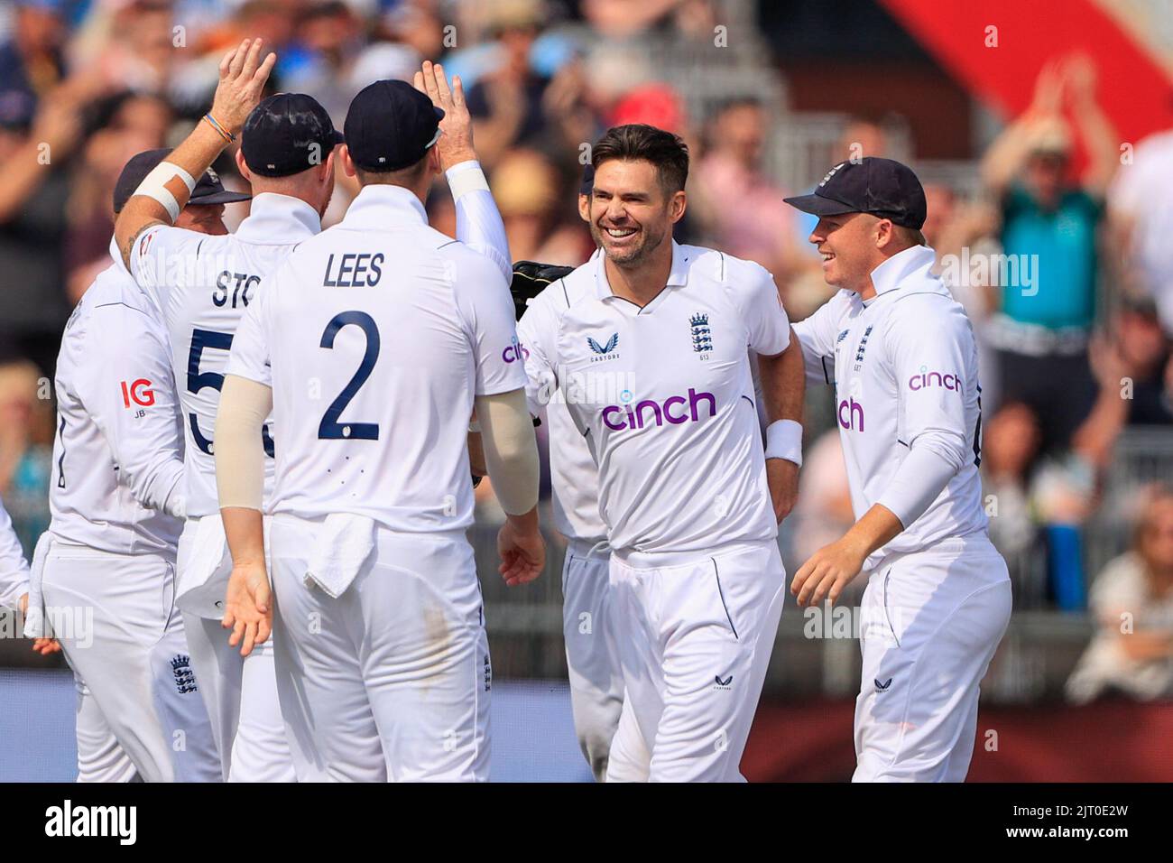 Manchester, UK. 27th Aug, 2022. James Anderson of England celebrates ...