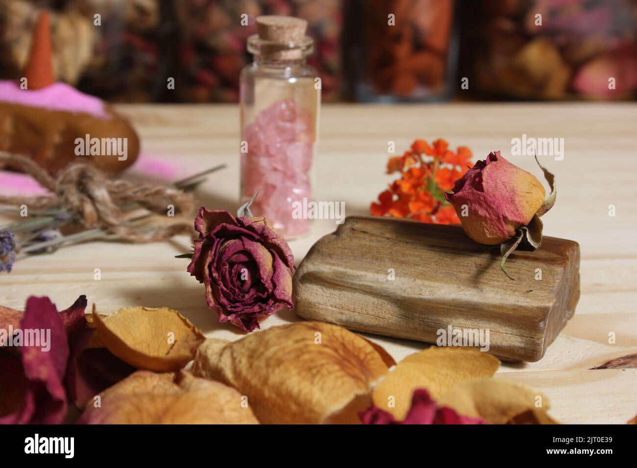 Dried Rose Petals and Dried Lavender With Crystals and Petrified Wood ...