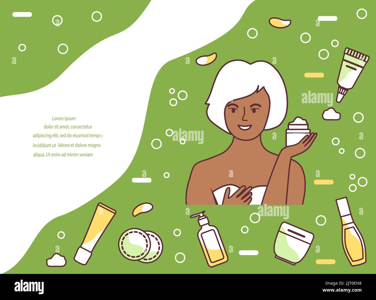 Vector illustration Cosmetic products ad, skin care ad. Woman applying ...