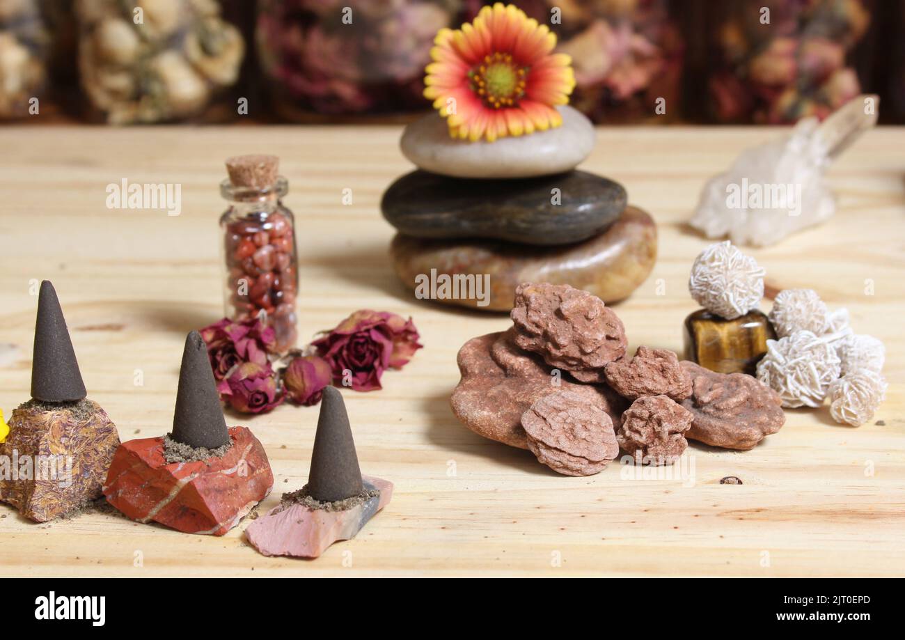 Incense Cones and Desert Rose Rocks on Meditation Altar Stock Photo - Alamy