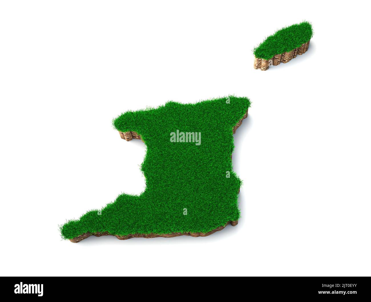 A 3D rendering of the Trinidad and Tobago map made of soil and grass on ...