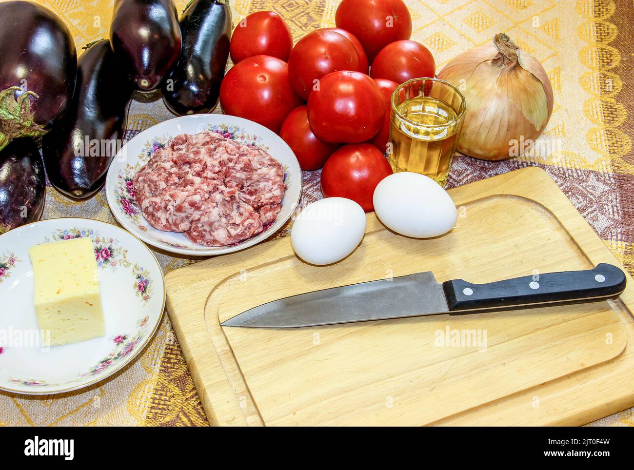 Fresh vegetables for cooking light dinner, Moussaka - a traditional ...
