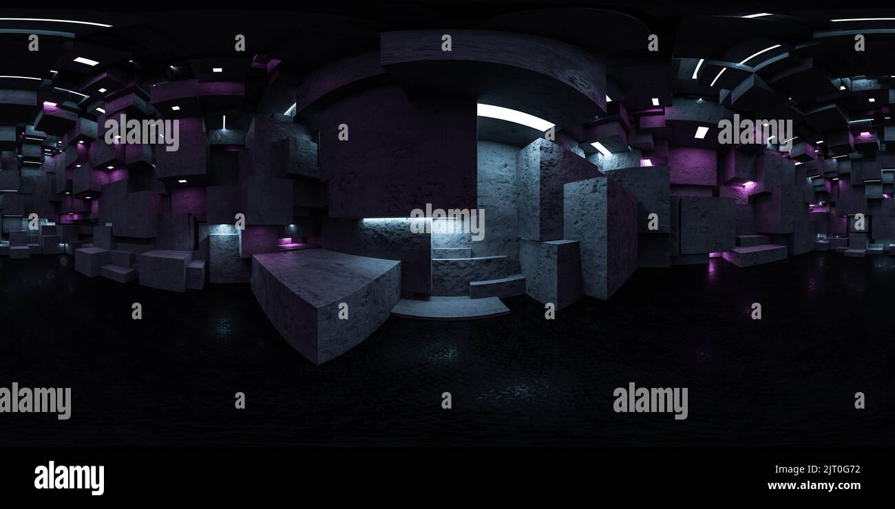 360 degree full panorama environment map of dark abstract concrete cube ...