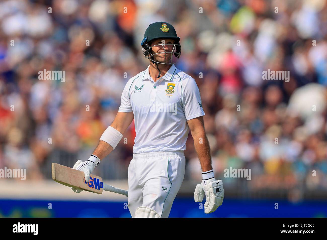 Sarel Erwee of South Africa is out for 25 runs and walks back to the ...