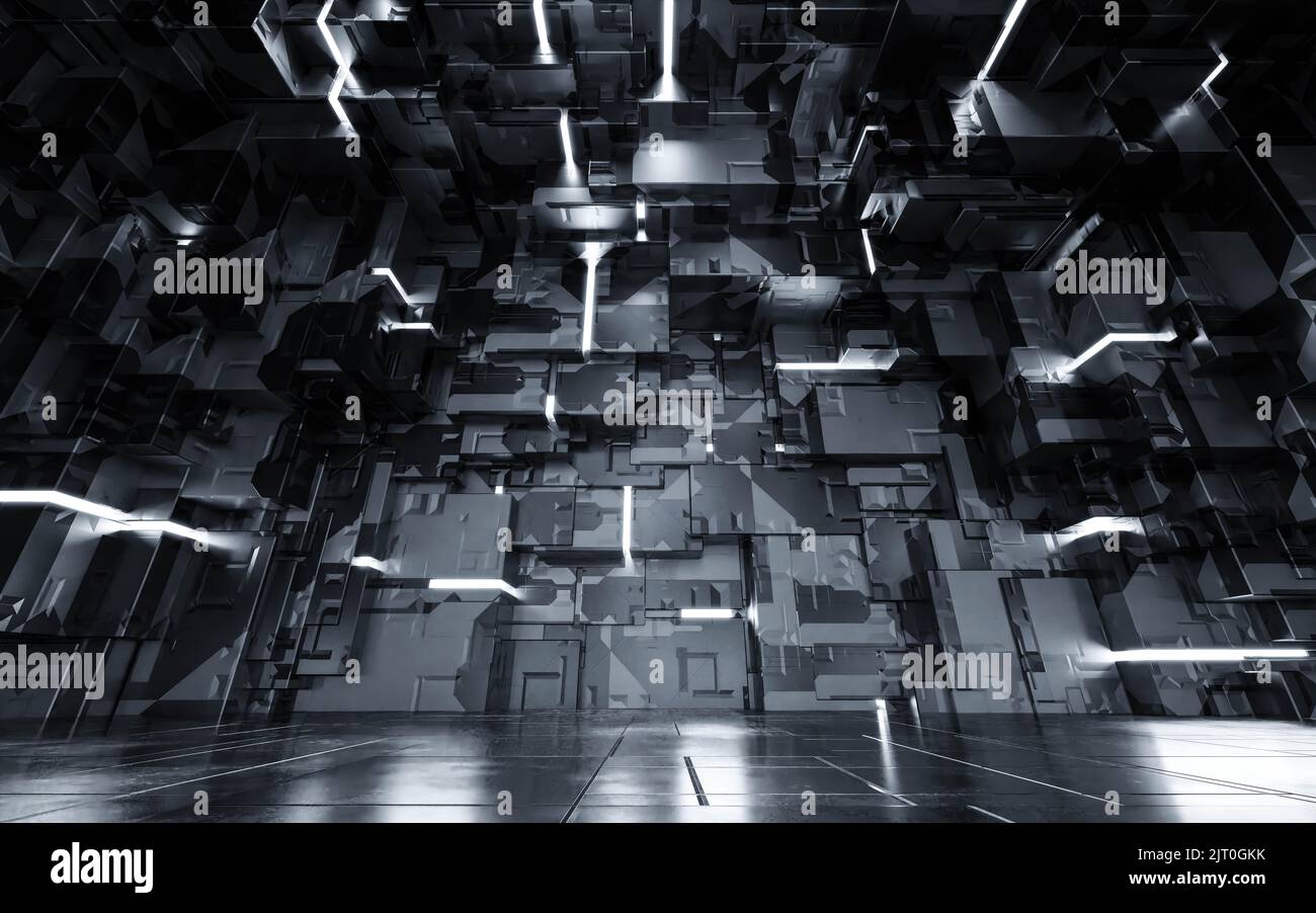 abstract cubic design with metallic technology surface building wall ...