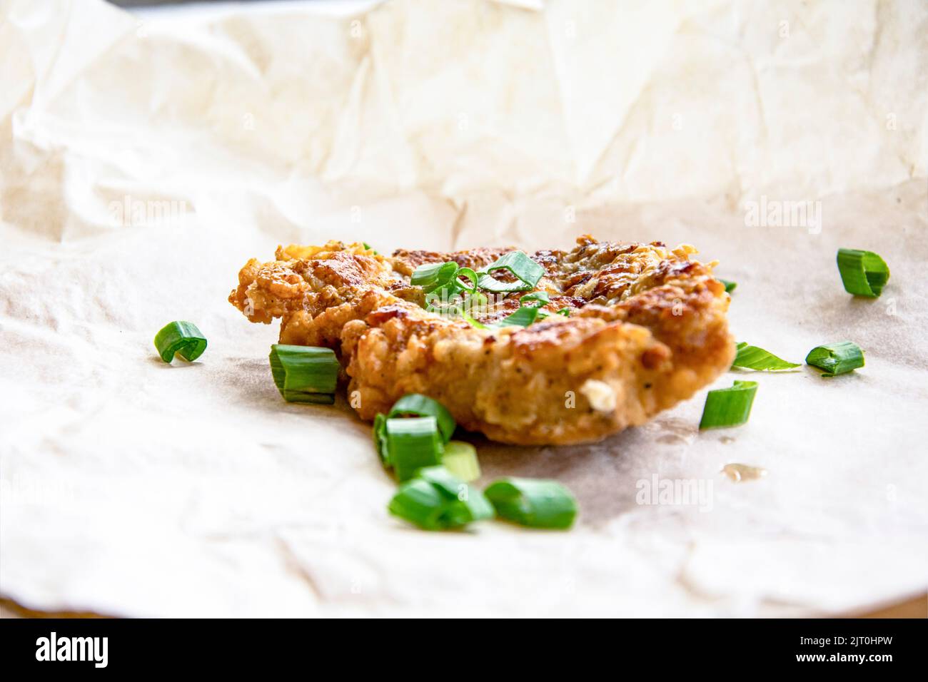 Fresh fried pork chops sprinkled with green onions and ketchup ...