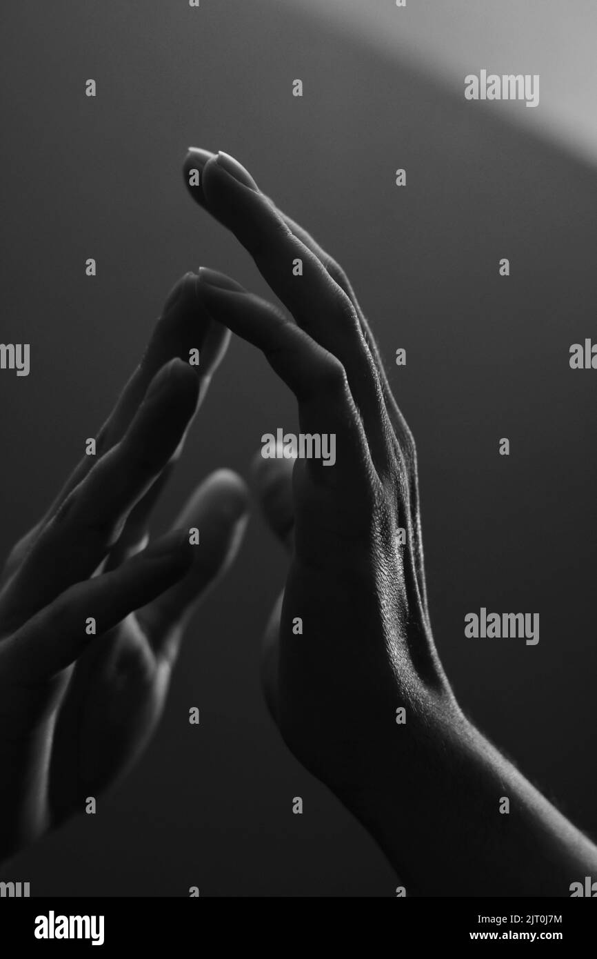 A vertical grayscale shot of two hands touching romantically Stock ...