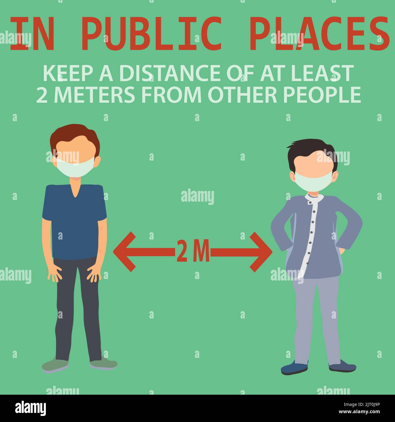 A sign for keeping 2m distance in public places on a green background ...