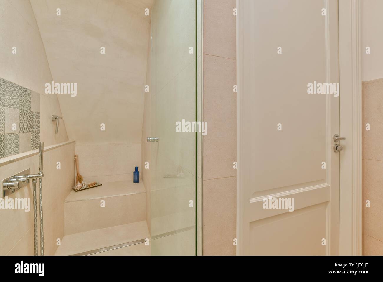 Modern home interior design of white bathroom with open bathtub and ...