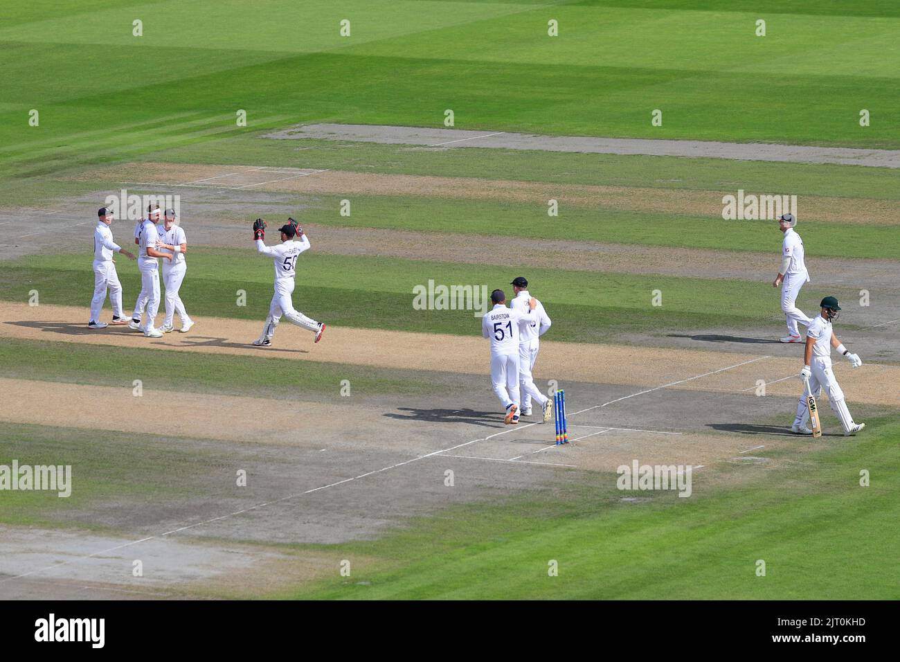 Stuart Broad of England celebrates taking the wicket of Aiden Markham ...