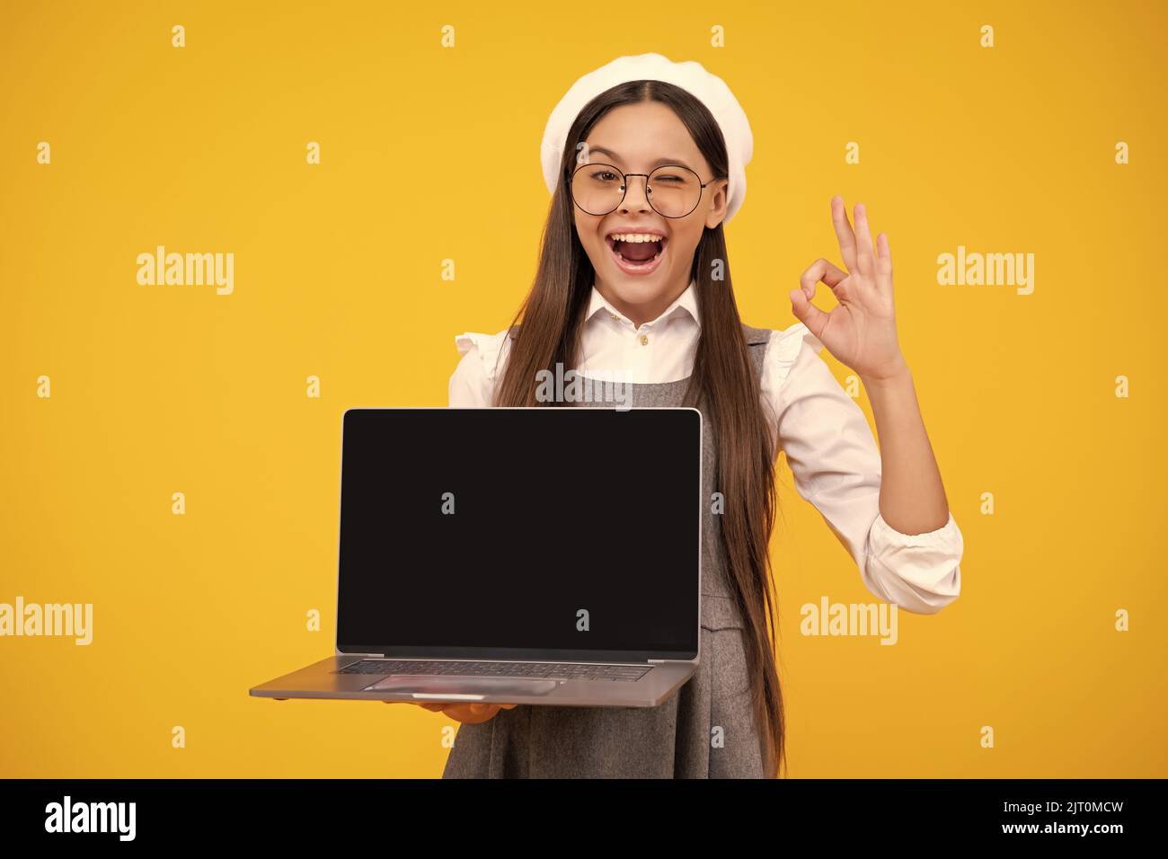 Student teenager schoolgirl with laptop on isolated background. Online ...