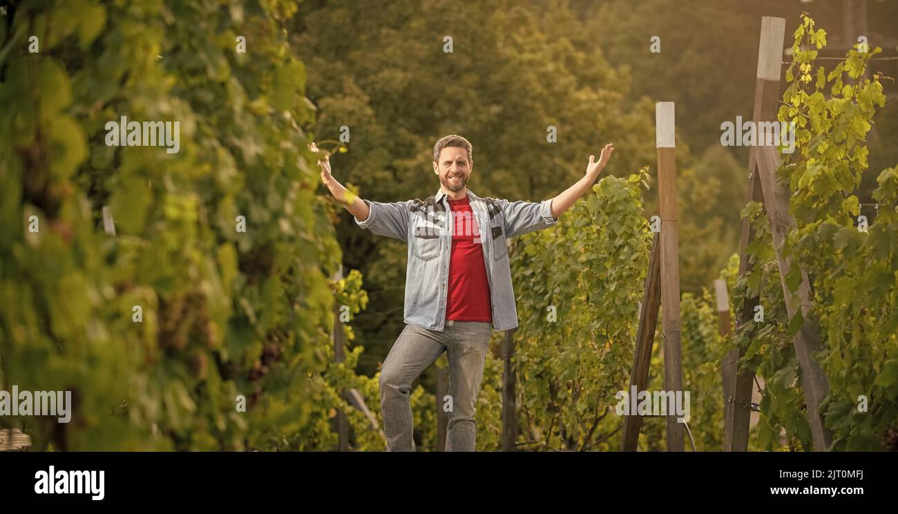 happy vineyard owner presenting his winery with grape harvest ...