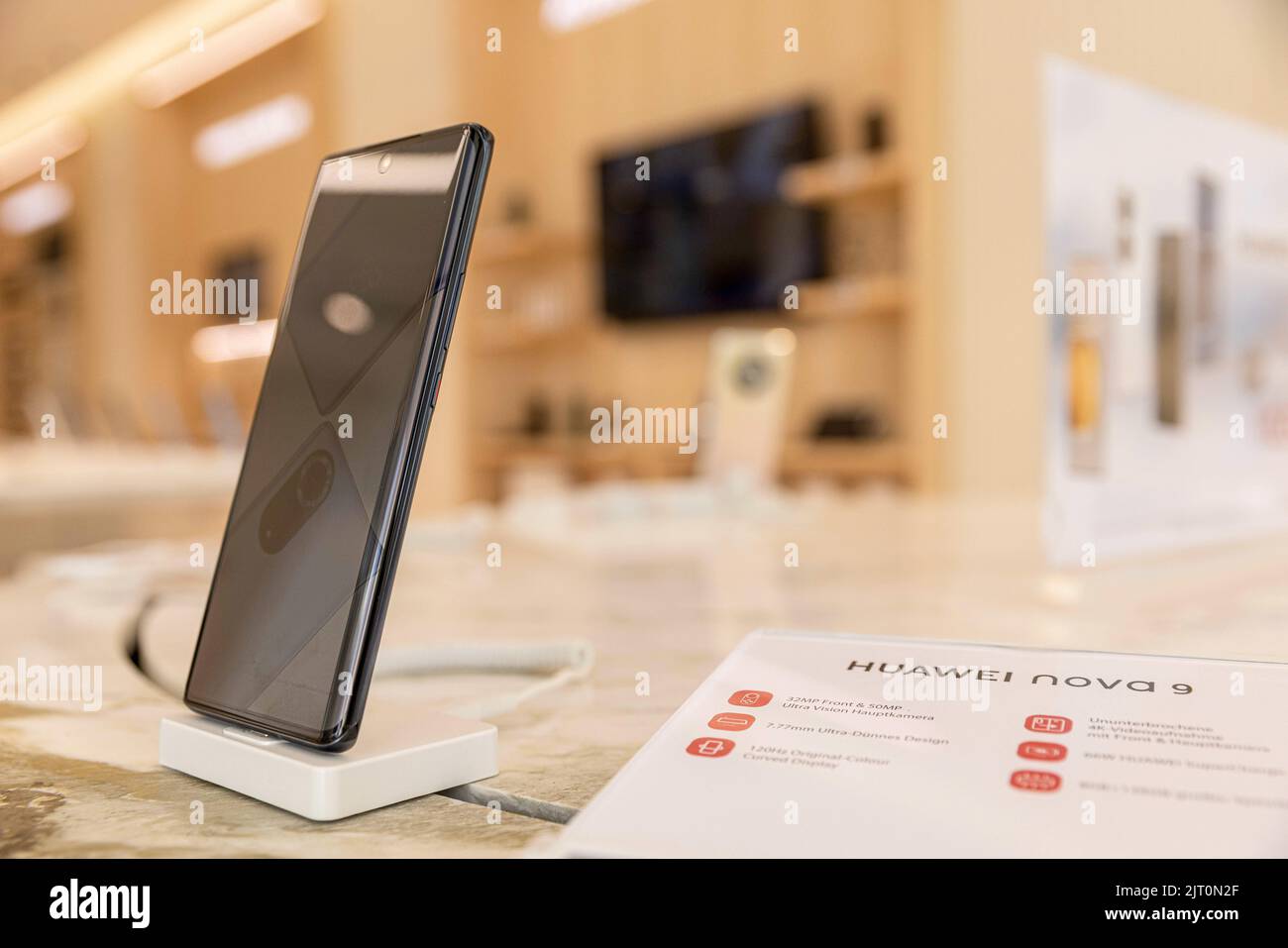 Huawei Nova 9 cell phone seen on display inside a Huawei store in Viena ...