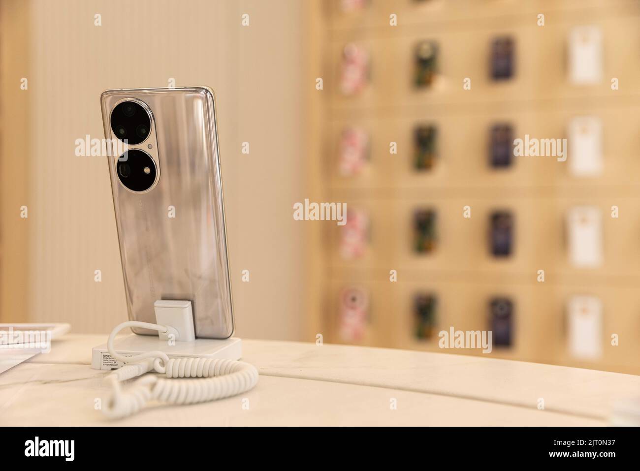 Huawei P50 Pro cell phone seen on display inside a Huawei store in ...