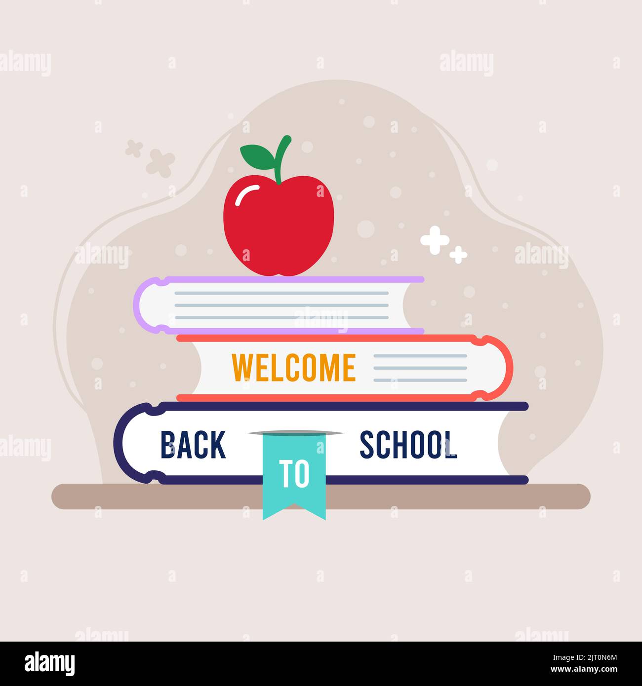 Welcome back to school square banner. A red apple on top of a stack of ...