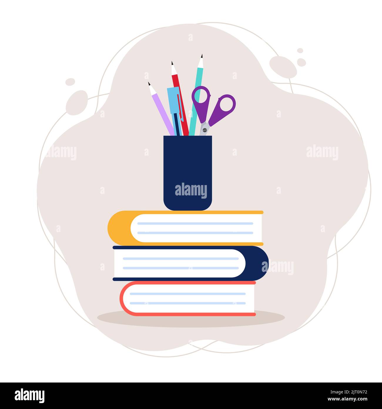 Back to school square banner. A pencil pot on top of a stack of books ...