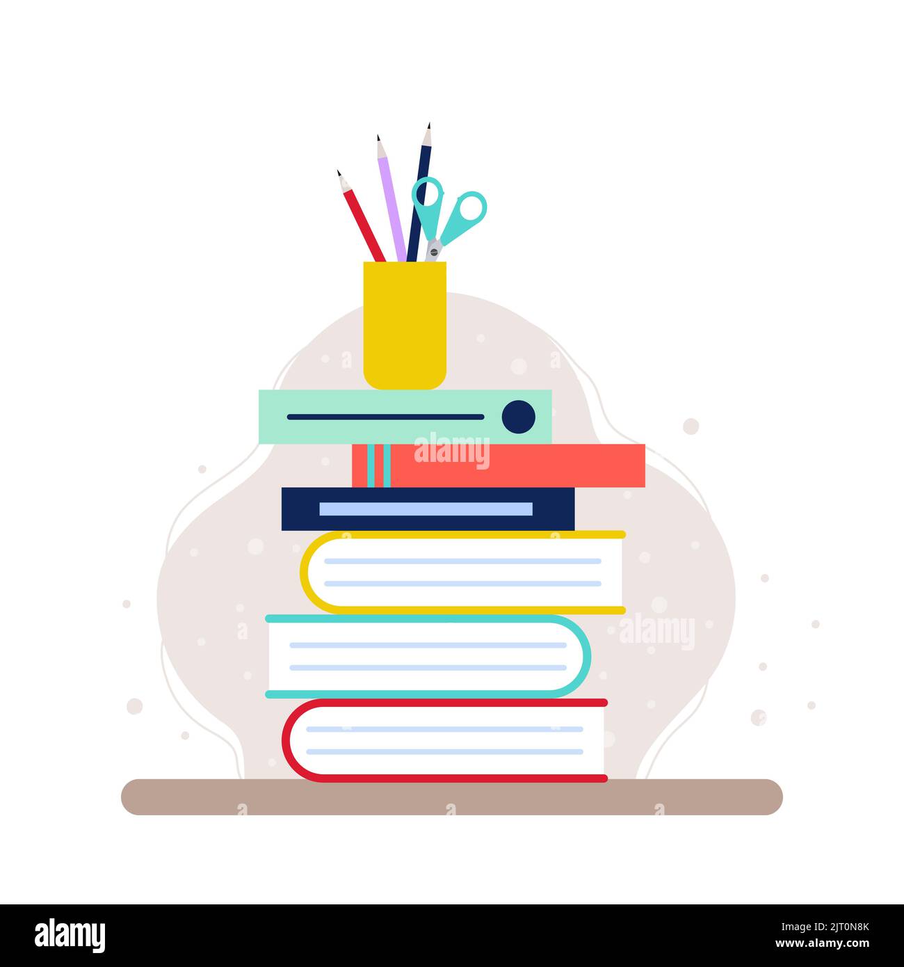 Back to school square banner. A pencil pot on top of a stack of books ...
