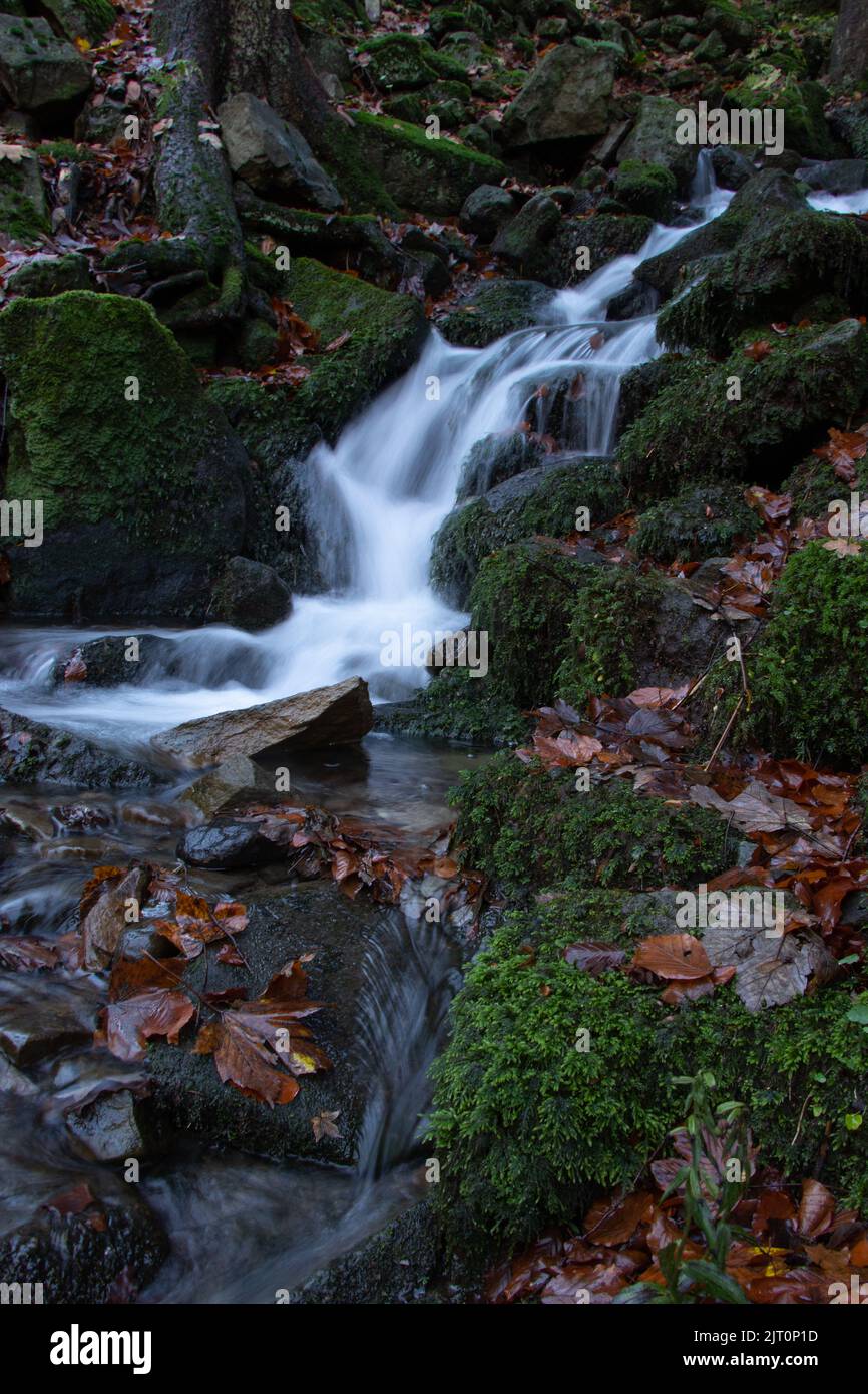 Famous Satiny waterfalls. Breathtaking, untouched nature around the water flowing down cascades ...