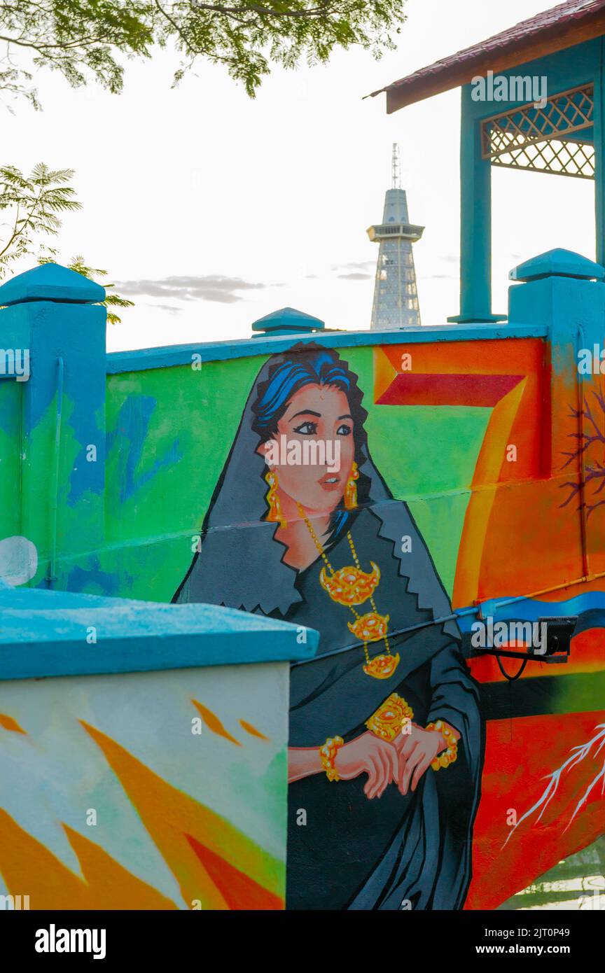 Street Art in Kuah, with the Maha Tower in the distance, Kuah, Langkawi ...