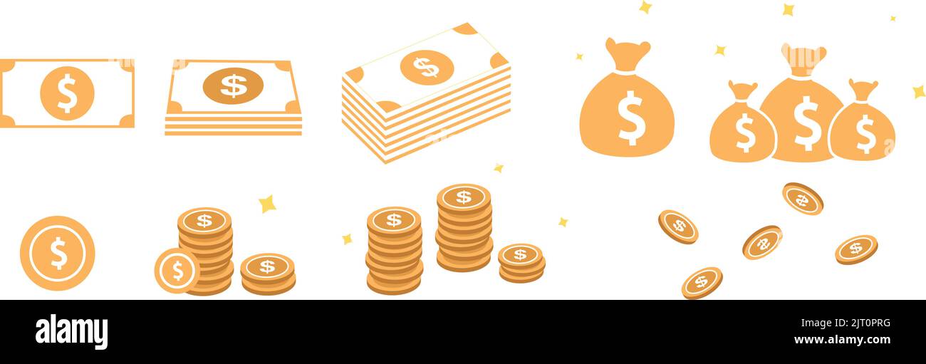 A set of US dollar banknotes and coins on a white background, money ...