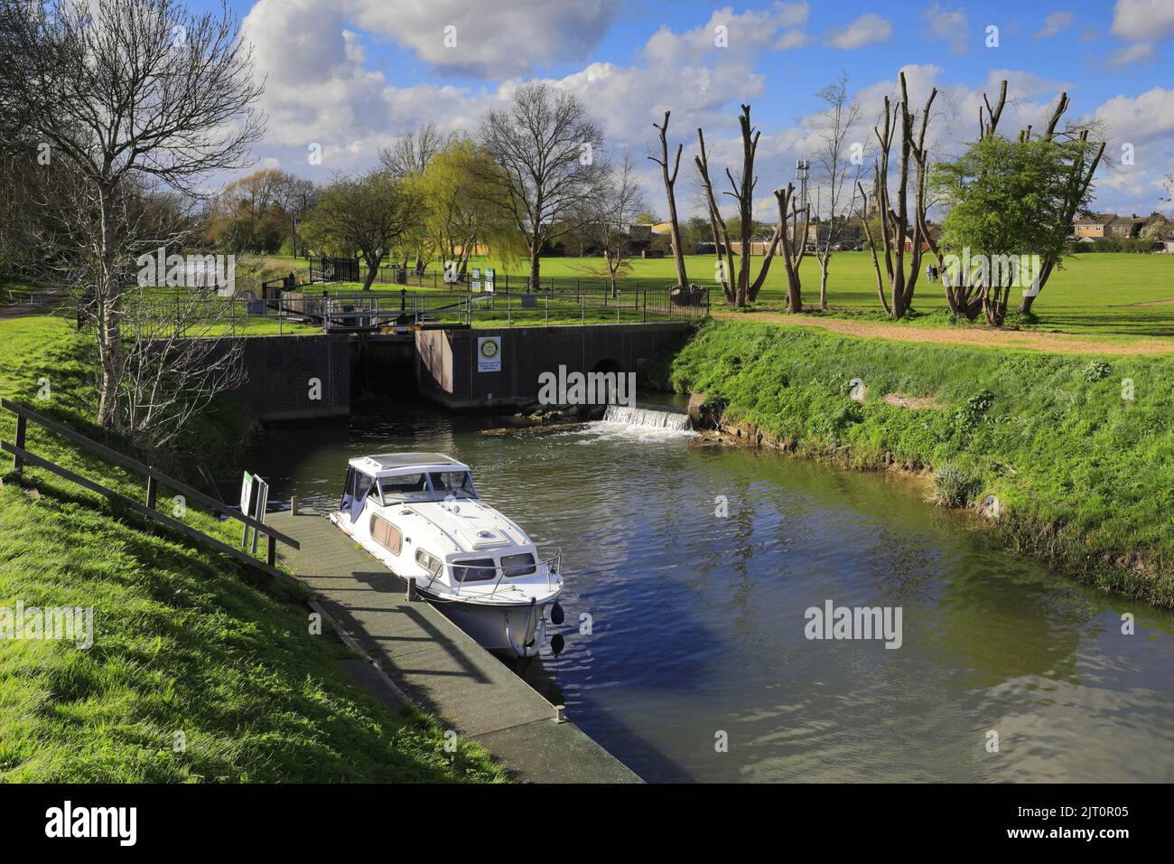 Boat on the Briggate river, Whittlesey town, Cambridgeshire, England ...