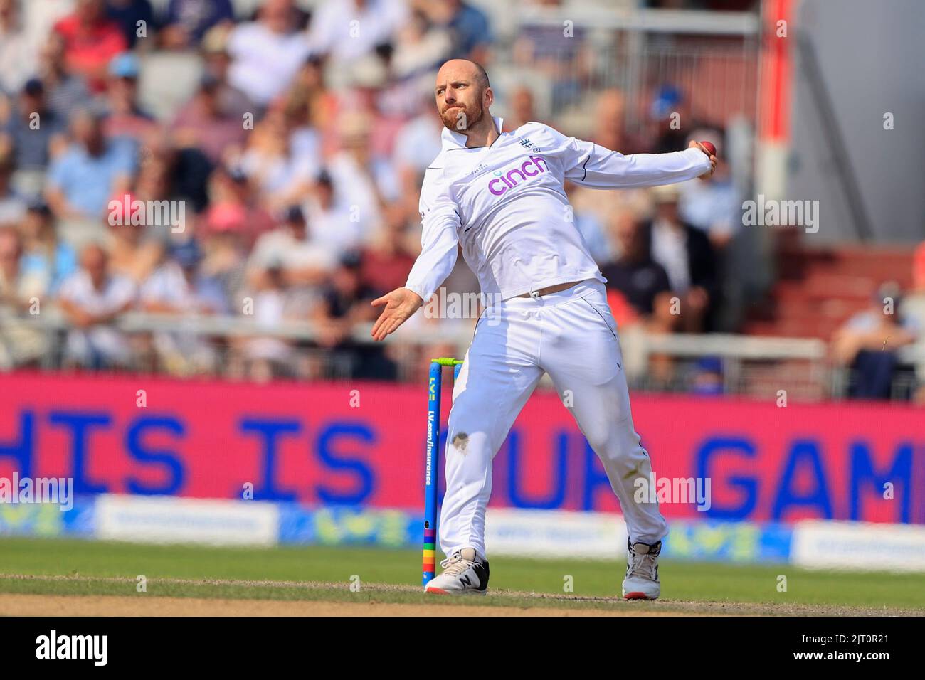 Jack Leach bowling for England Stock Photo - Alamy