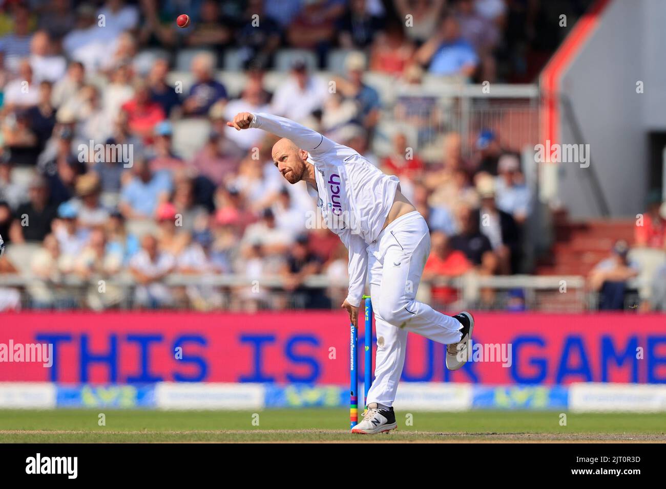 Jack Leach bowling for England Stock Photo - Alamy