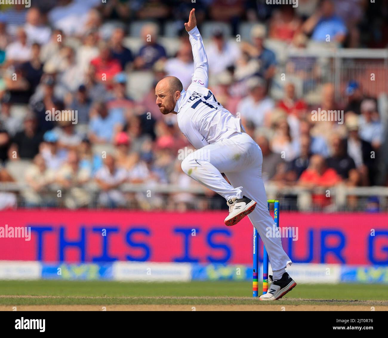 Jack Leach bowling for England Stock Photo - Alamy