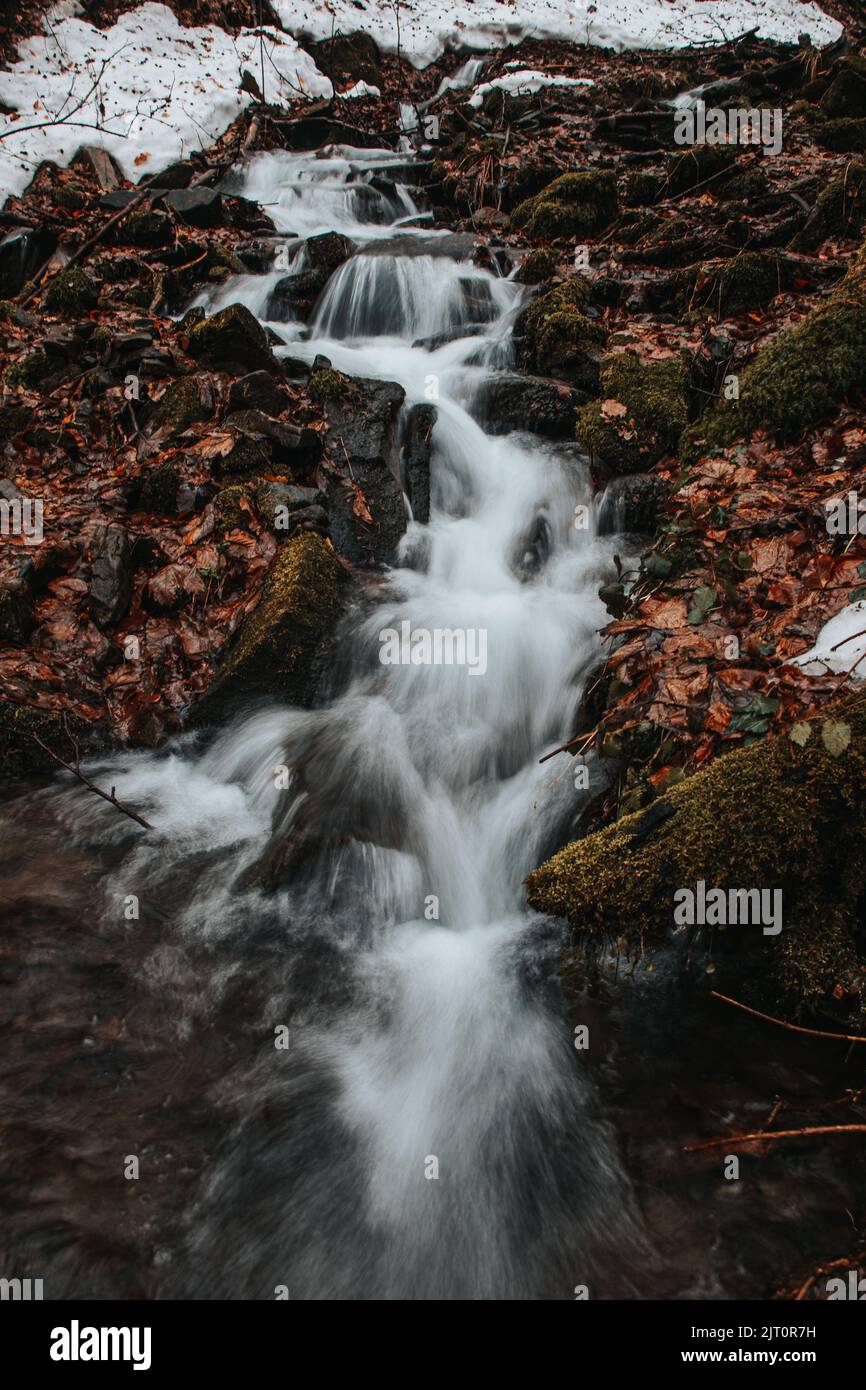 Water rolling in the bed of the hillside with morning mist permeating ...