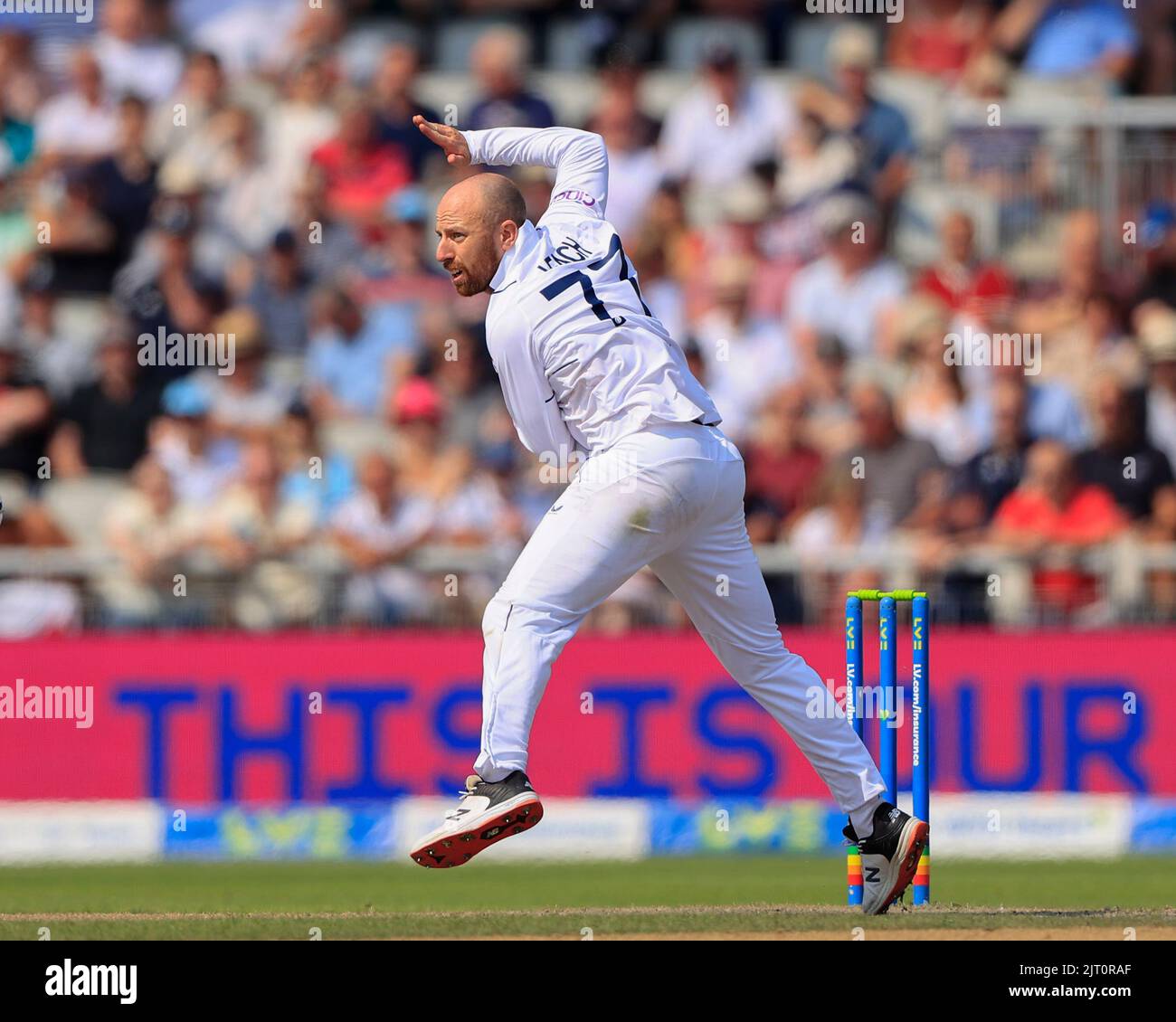 Jack Leach bowling for England Stock Photo - Alamy