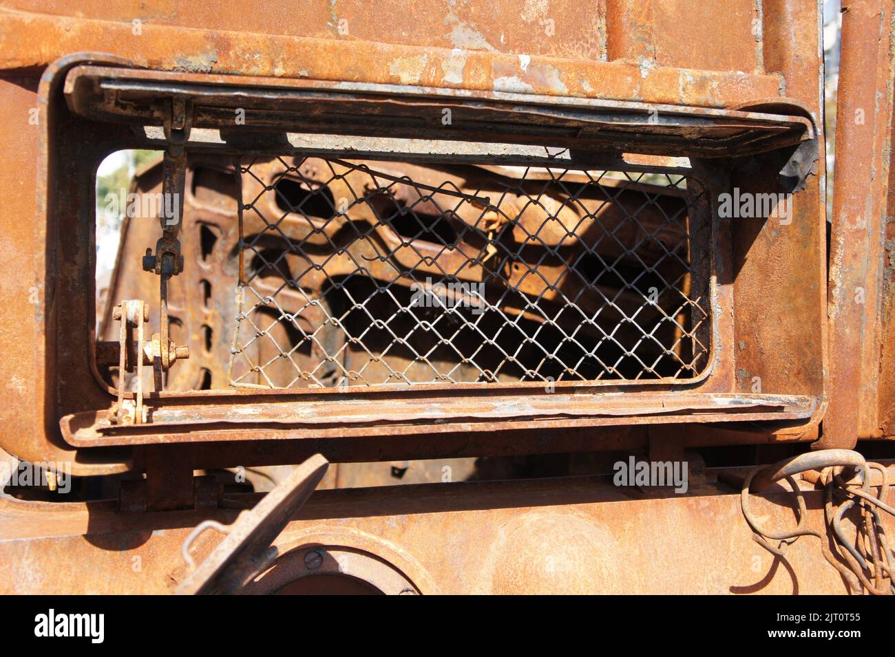 Close-up of details of old destroyed military equipment. Destroyed ...