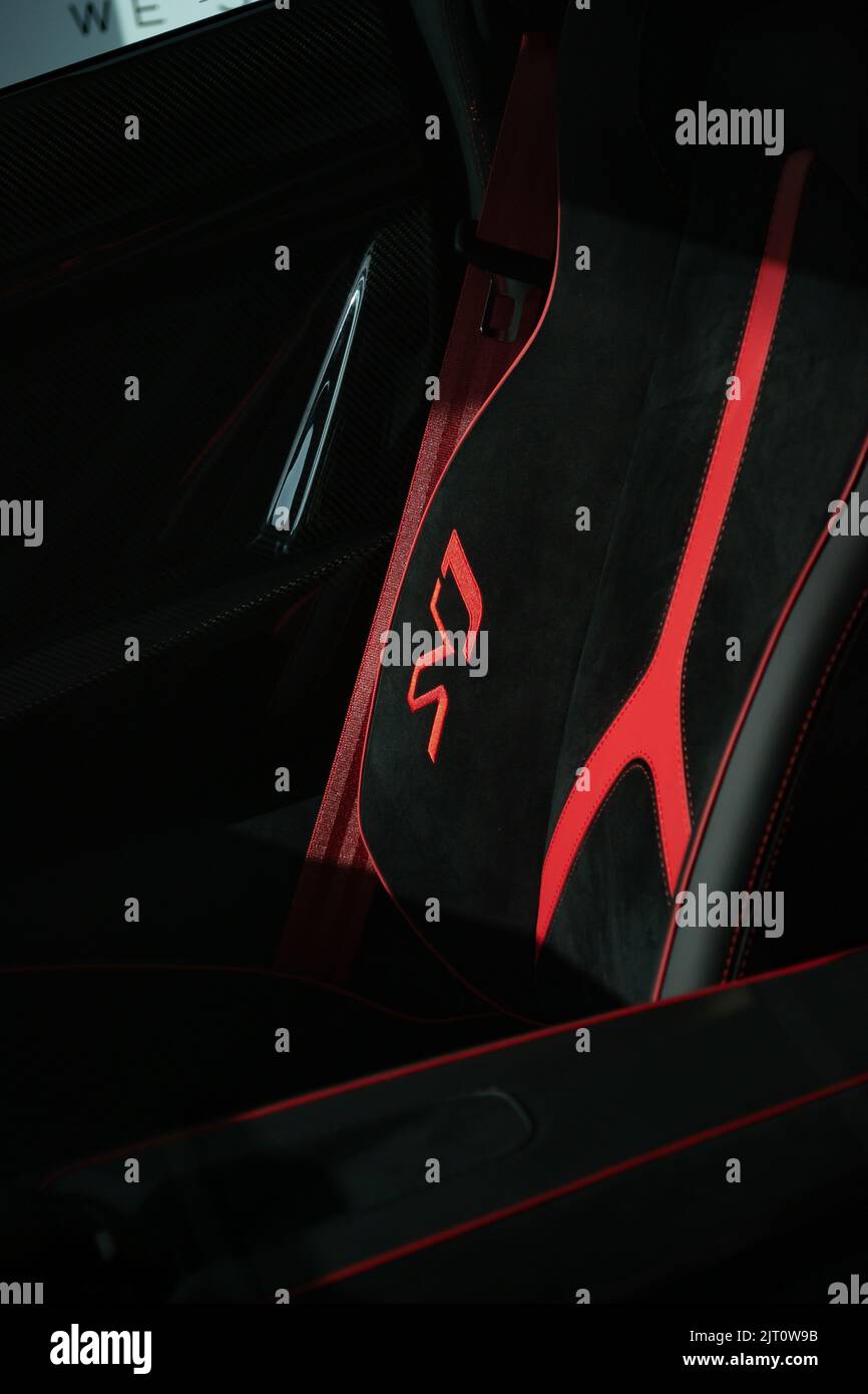 A matte black Lamborghini Aventador SVJ Red Stiching seats Stock Photo ...