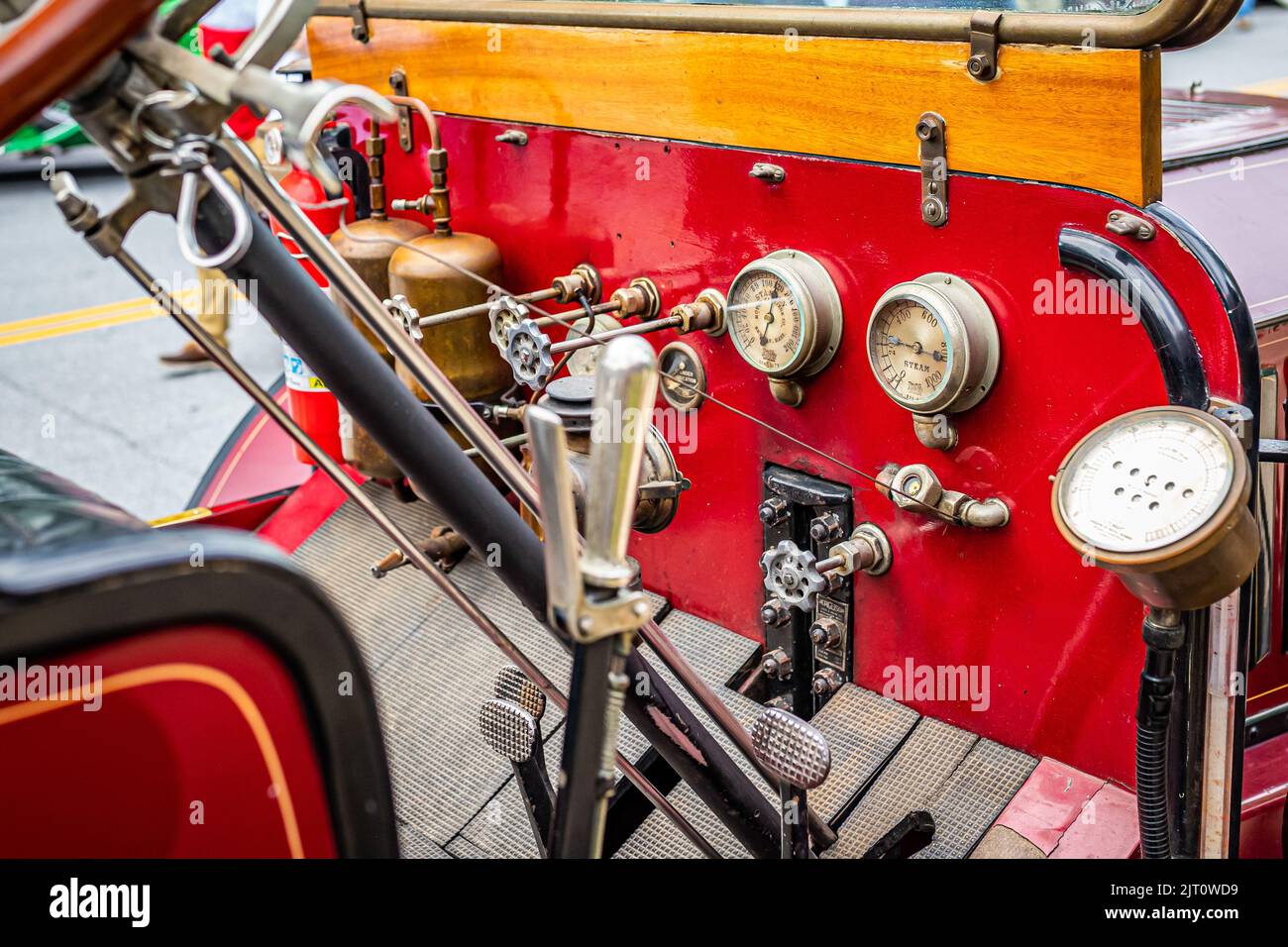 Highlands, NC - June 11, 2022: Close up detail of driving controls of a ...