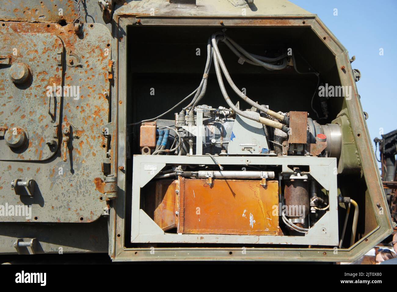 Close-up of details of old destroyed military equipment. Destroyed ...