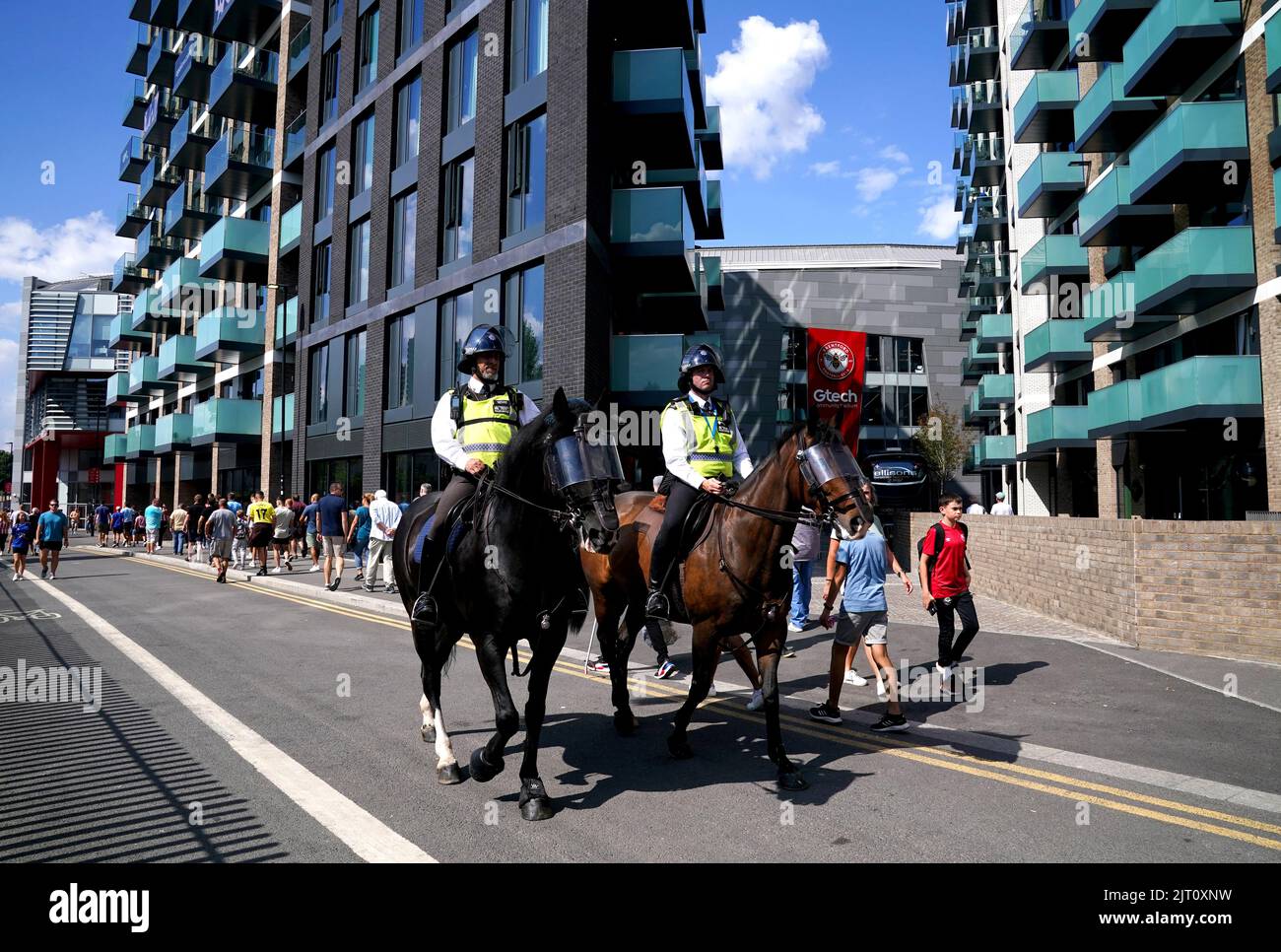 Mounted police on patrol ahead of the Premier League match at the Gtech ...