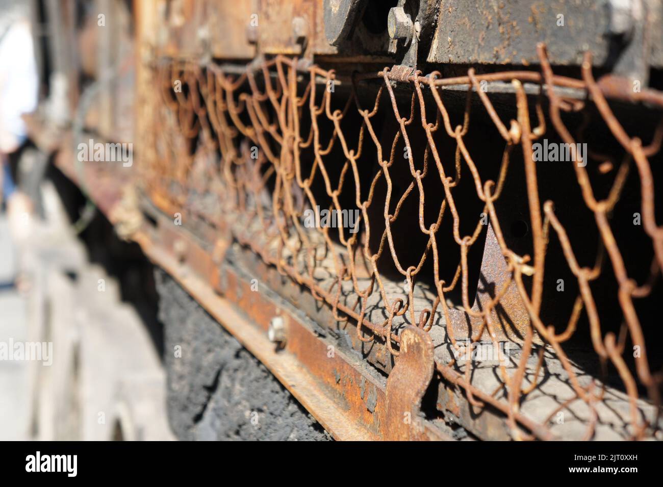 Close-up of details of old destroyed military equipment. Destroyed ...