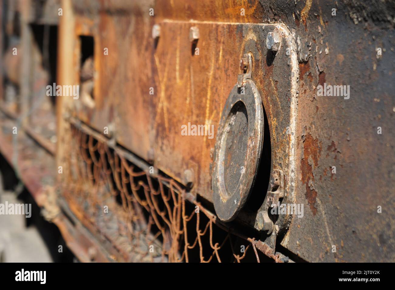 Close-up of details of old destroyed military equipment. Destroyed ...