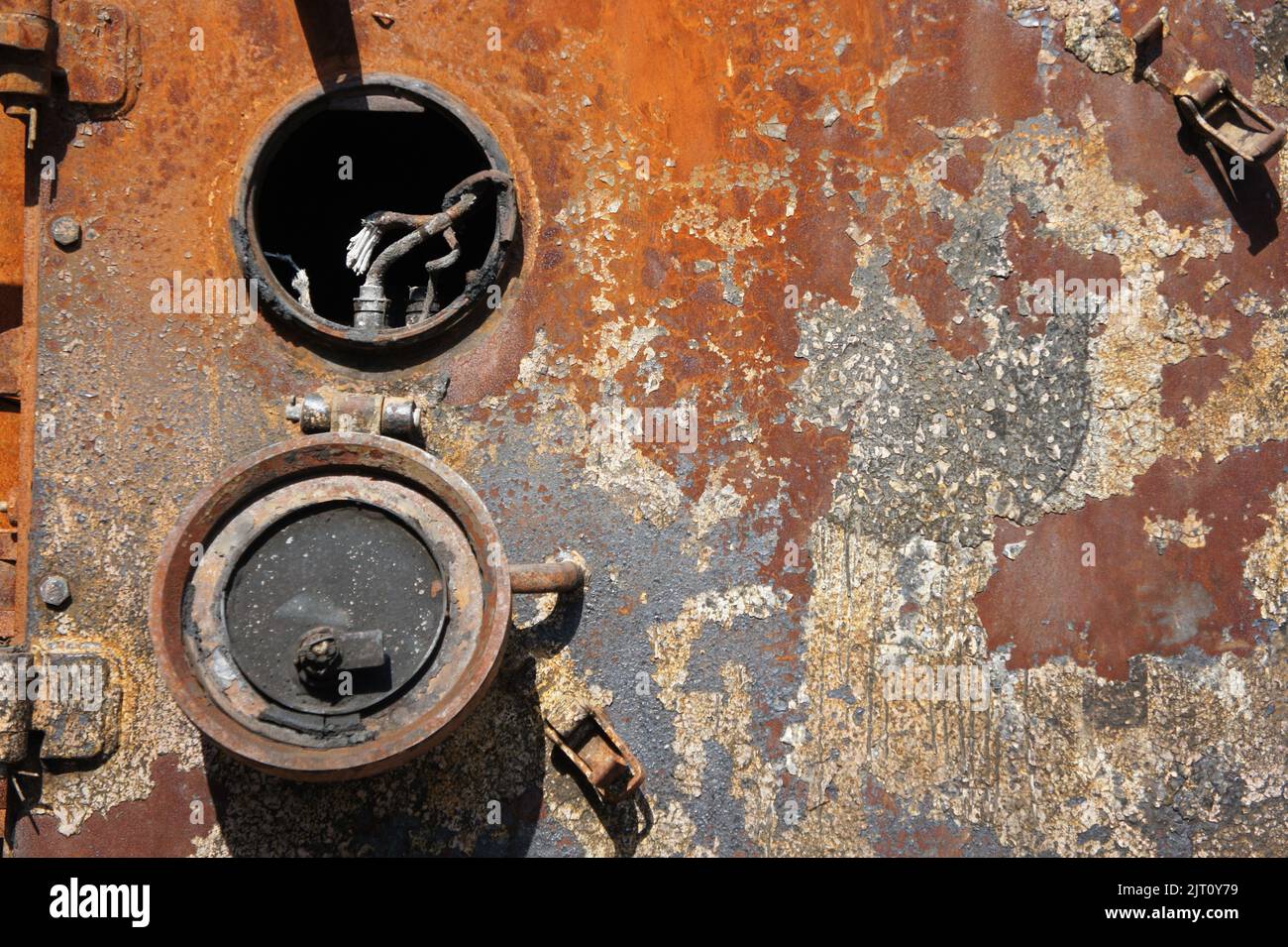 Close-up of details of old destroyed military equipment. Destroyed ...