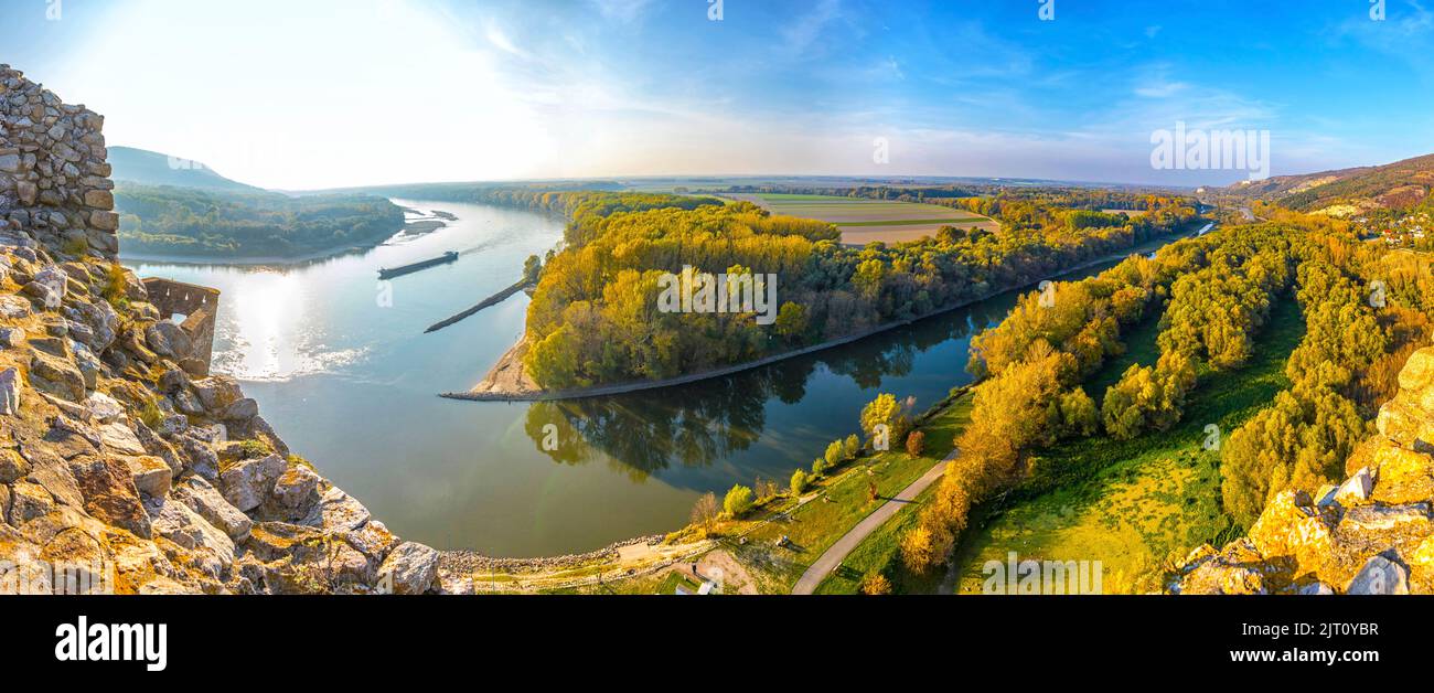 Panoramic skyline view of Danube and Morava rivers. Confluence of two ...