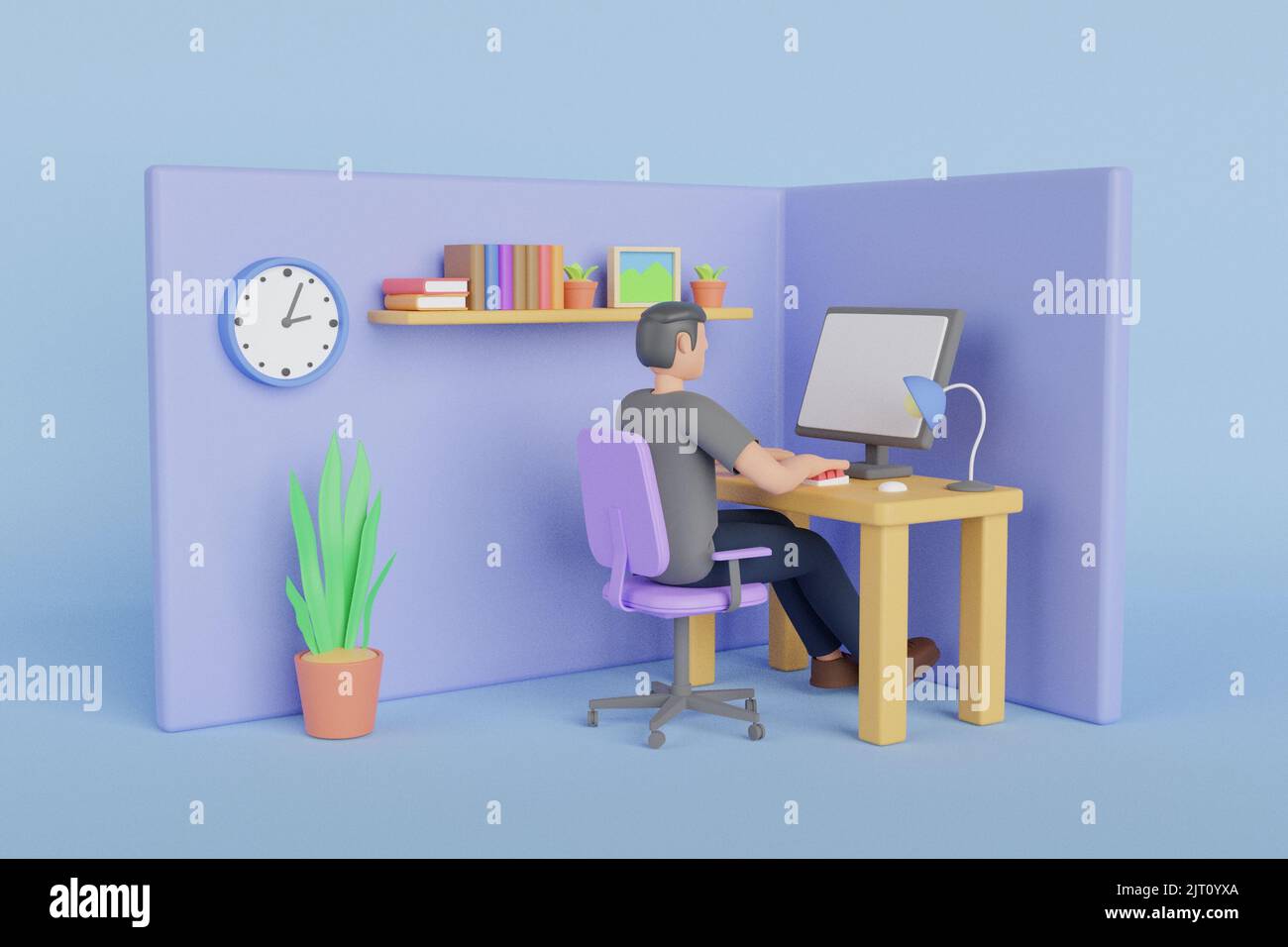 3D Man sitting in front of laptop, man work on computer. employee in a ...