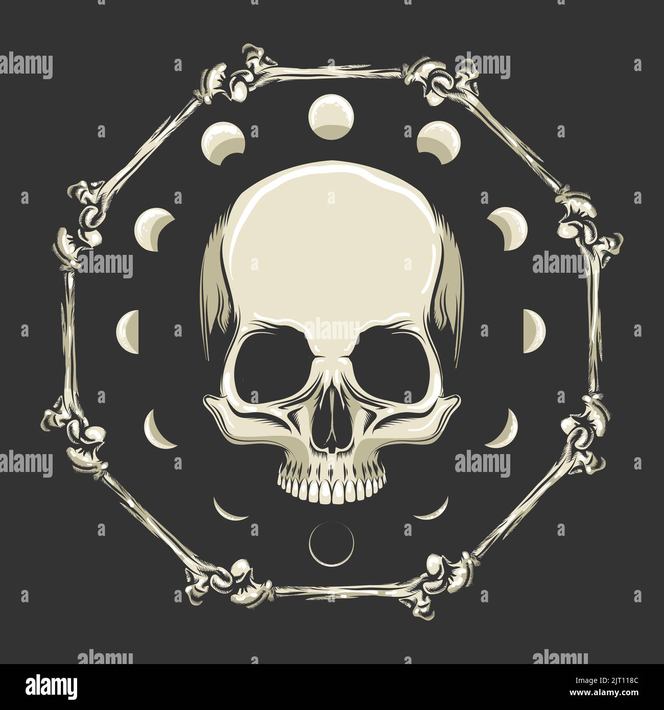 Human Skull and Bones and Moon Phases. Vector illustration Isolated on ...