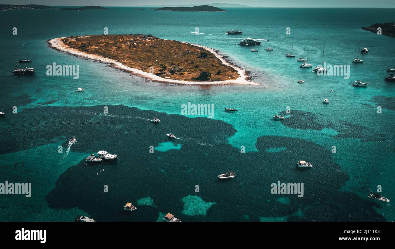 A beautiful island and boats on the sea, aerial shot Stock Photo - Alamy