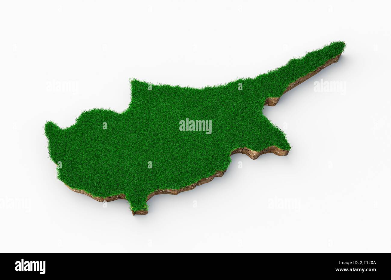 A 3D illustration of a Cyprus map with green grass and rock ground ...