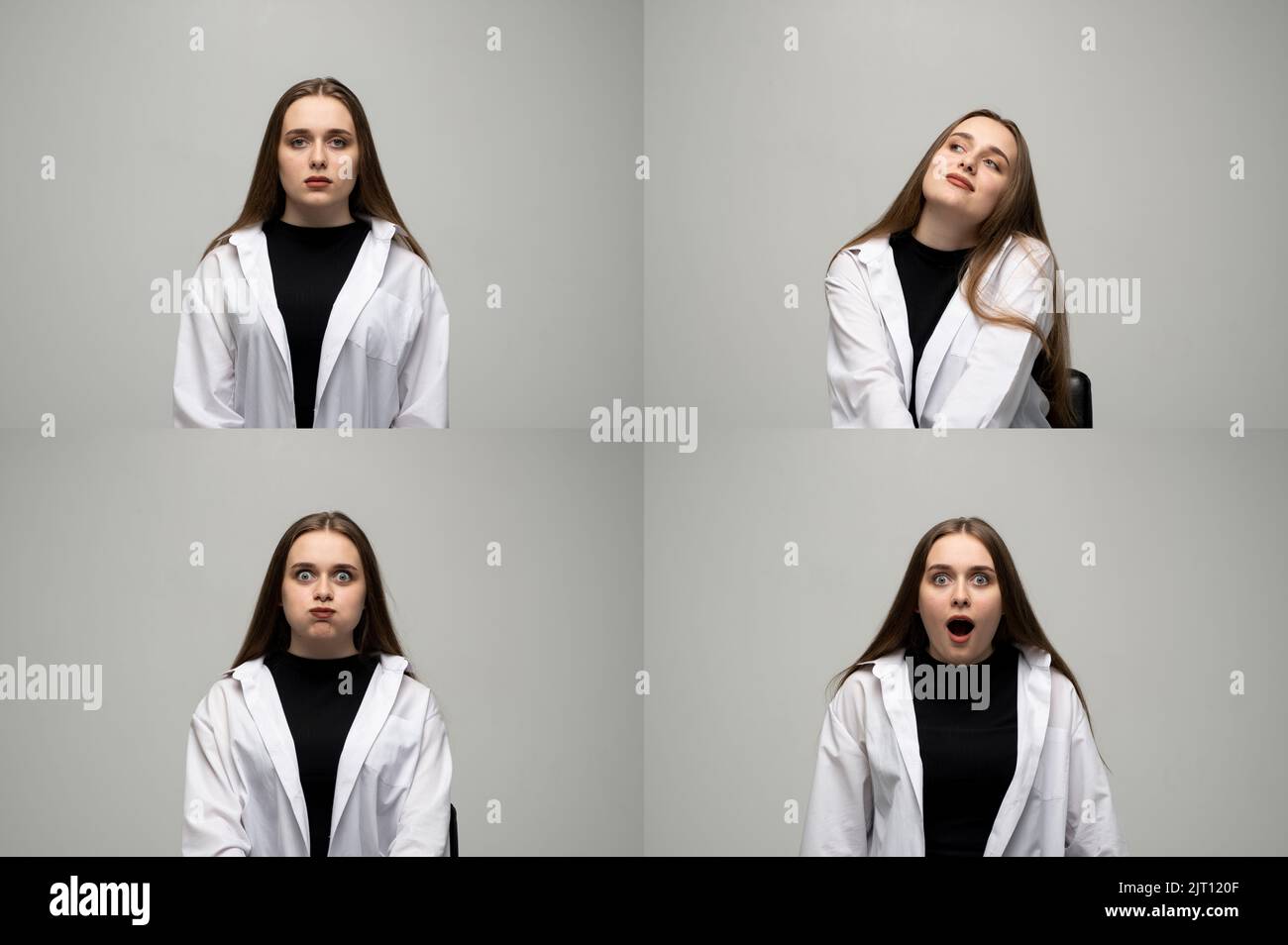 Set of young brunette woman with a long hair portraits in a white shirt ...