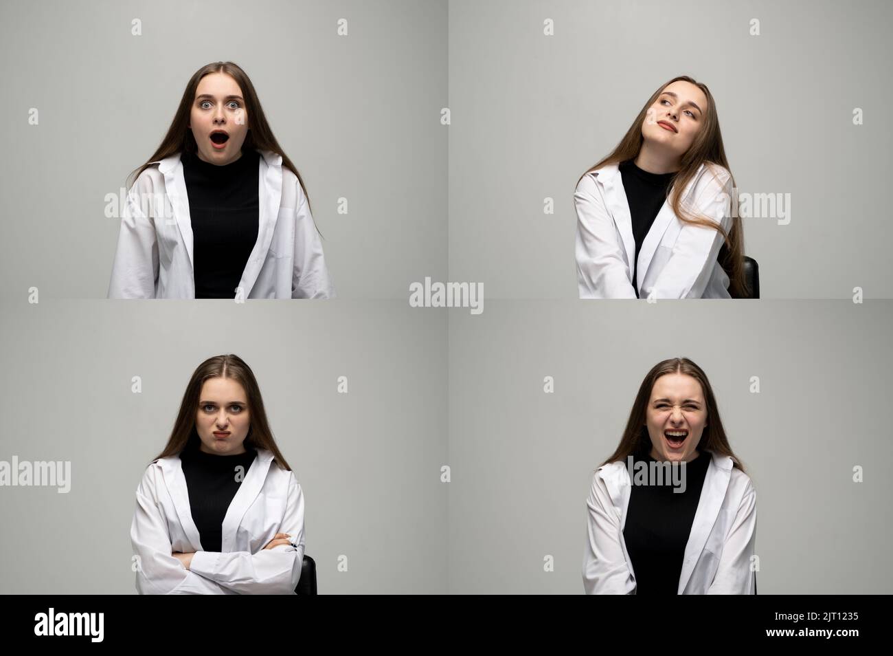 Portrait set of brunette young woman with a long hair in a white shirt ...