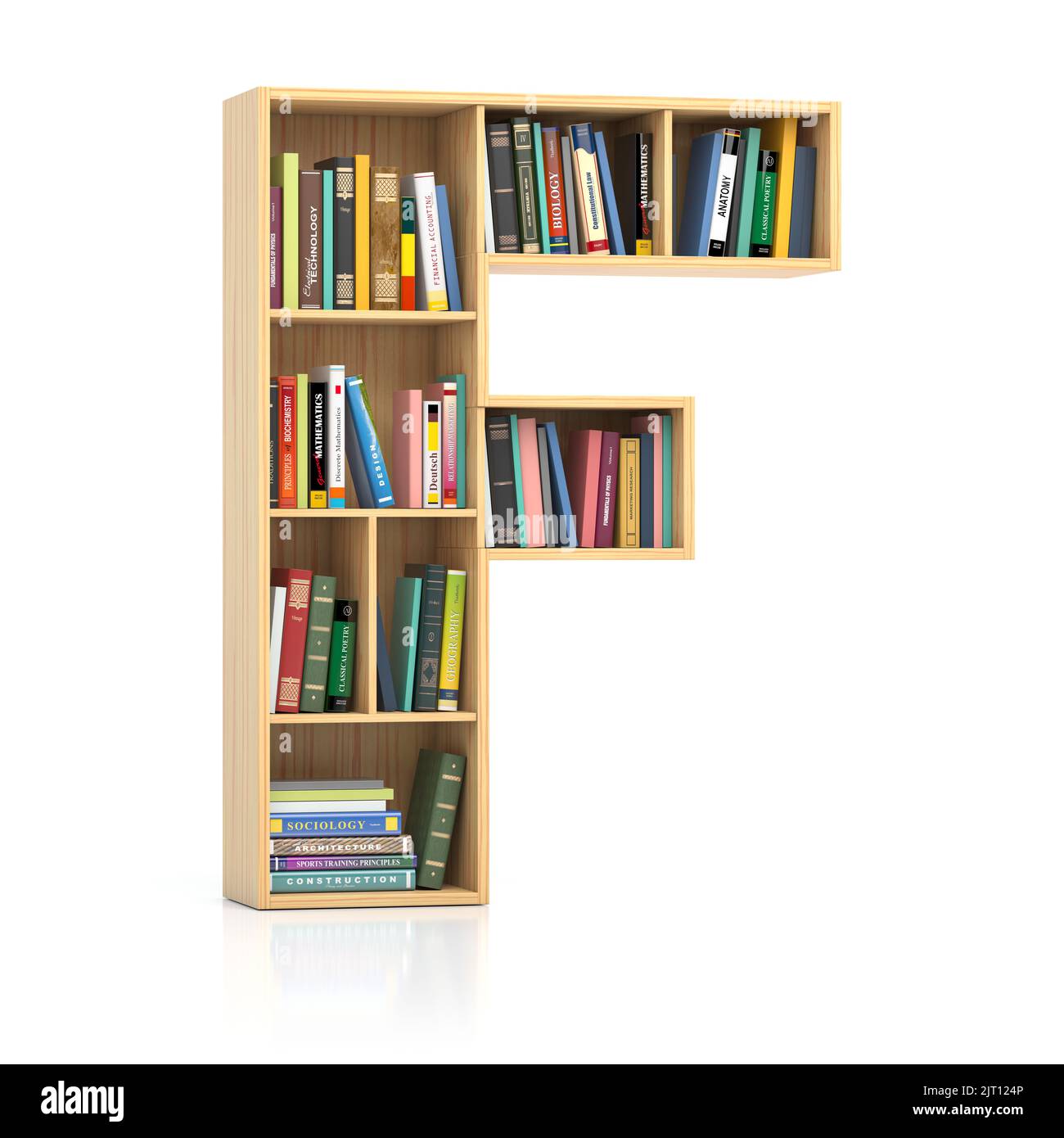 Letter F in form of bookshelf with book and texbooks. Educational and ...