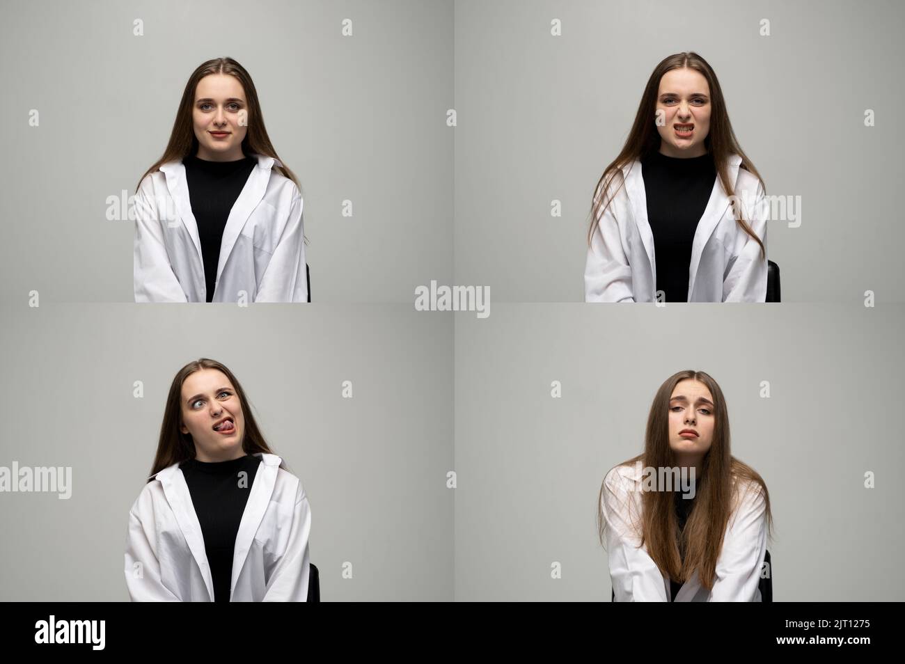 Set of young brunette woman with a long hair portraits in a white shirt ...