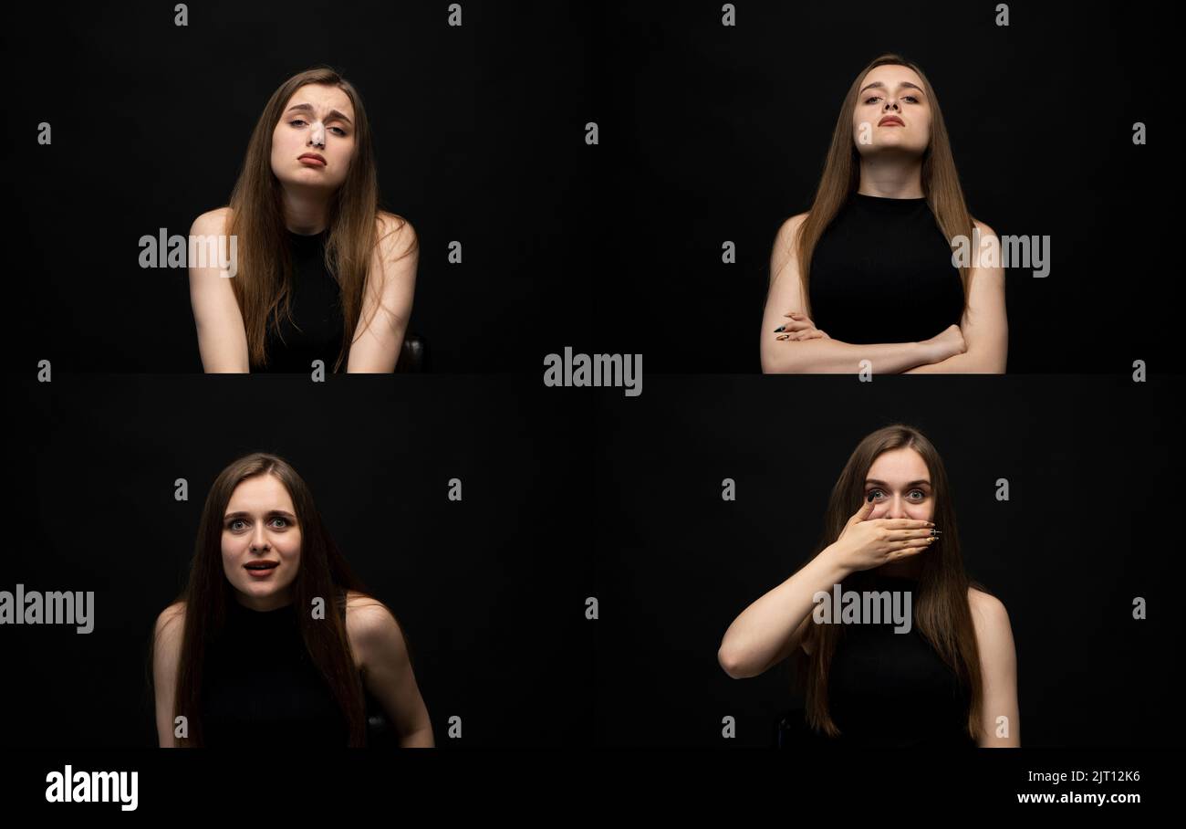 Set of young brunette girl woman in a black t-shirt posing with many different facial ...